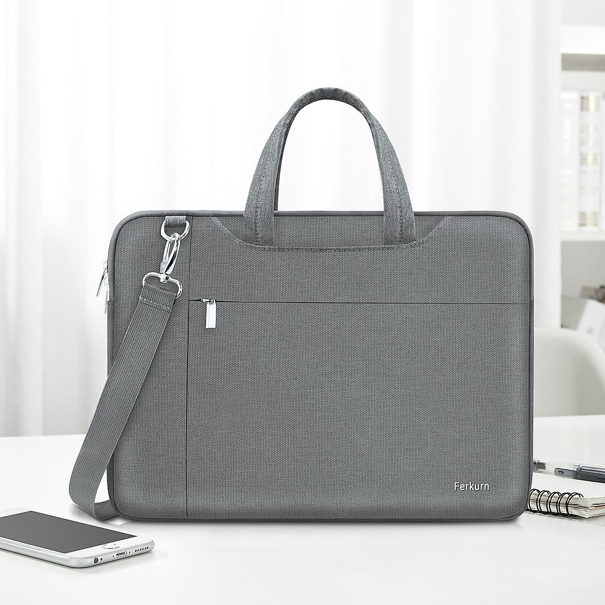 Ferkurn Laptop Bag Case Women Men Computer Sleeve with Shoulder Compatible with HP Envy Pavilion/Inspiron/Thinkpad/Vivobook/MSI/Surface,Waterproof Briefcase with Handle, Grey, 15 15.6 Inch