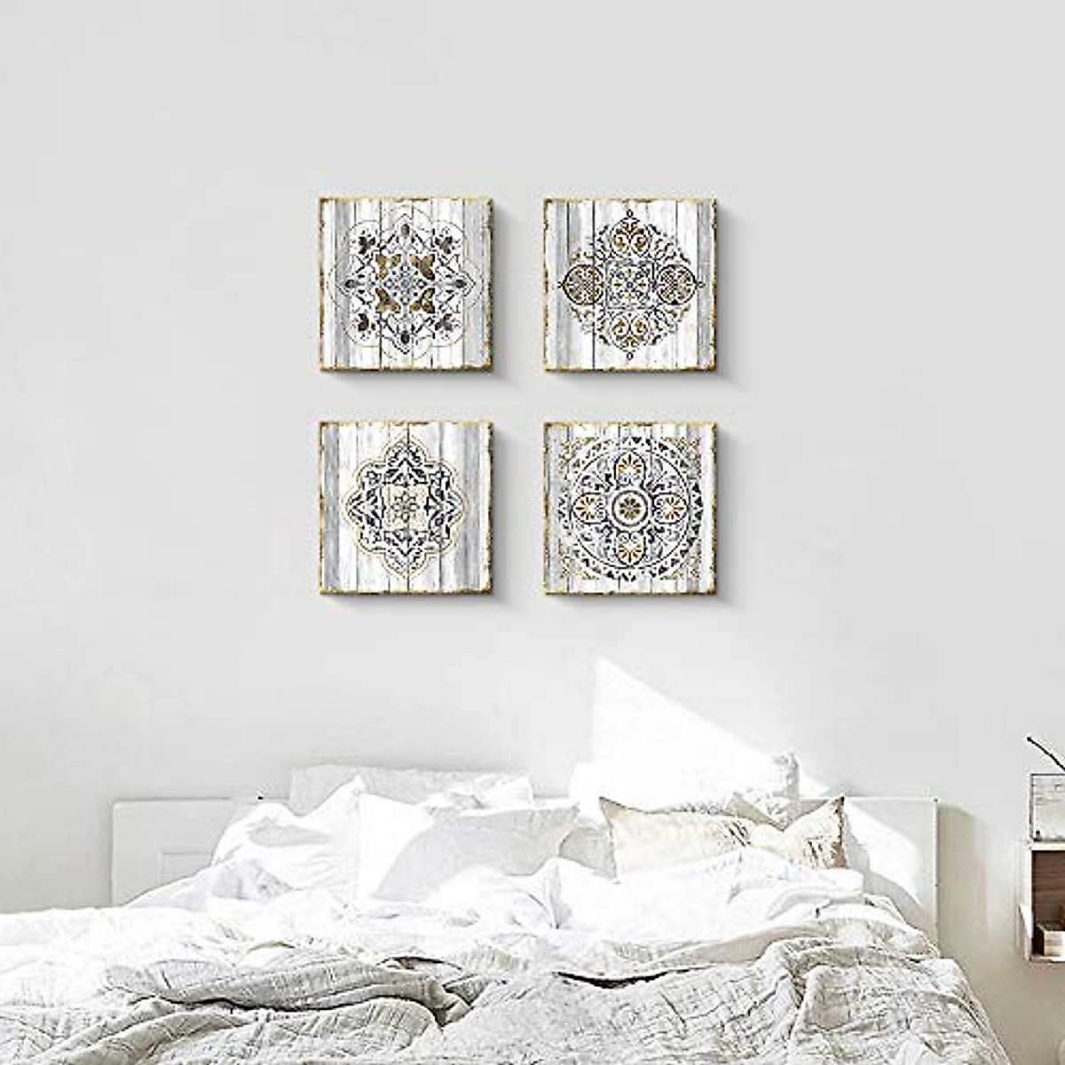 Kas Home Mandala Pattern Room Decor Boho Canvas Wall Art Prints Framed Pictures 4 Pieces Artwork for Living Room Bedroom Bathroom Kitchen Office Home Decoration (14 x 14 x 4, Black)