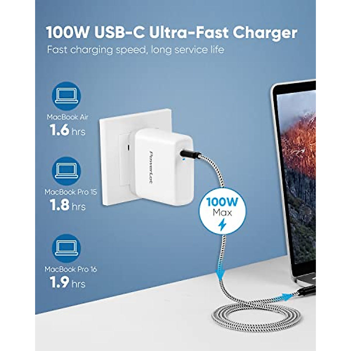 100W USB C Charger PowerLot Fast Wall Charger PD 3.0 GaN Type C Charging, Power Adapter with 5A 6ft Cable, Universal Charger Block for MacBook, iPad, iPhone 14, Pixel, Chromebook and USB-C Laptops