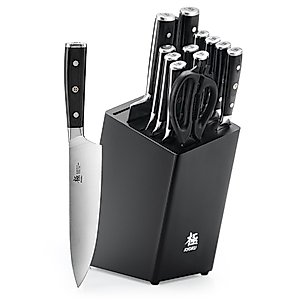 KYOKU Kitchen Knife Set with Block, German High Carbon Steel 15pc Knife Block Set, Samurai Series Knife Block with Knives for Kitchen, Professional Chef Knife Set with Sharpening Steel & Shears
