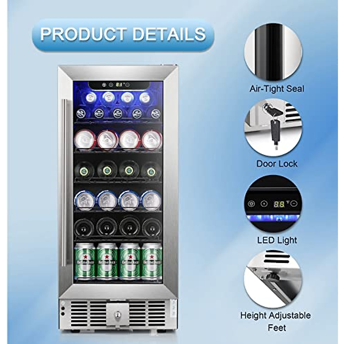 Antarctic Star 15 Inch Beverage Refrigerator Cooler - 2.9 Cu.Ft Wine or Champagne Cooler Low Noise Transparent Glass Door LED Light for Home and Bar 115V 60Hz Electronic Temperature Control