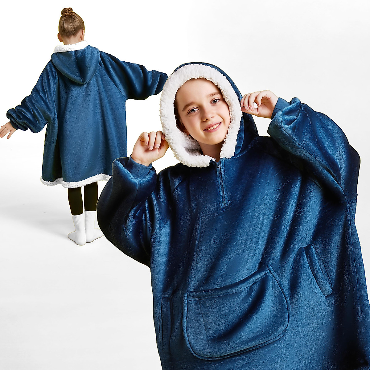 Giggling Getup Wearable Blanket Hoodie for Girls Boys - Oversized Flannel Sherpa Fleece Hooded Blanket - Soft Cozy Warm Blanket Sweatshirt Gifts with Giant Pocket and Sleeves for Kids Navy