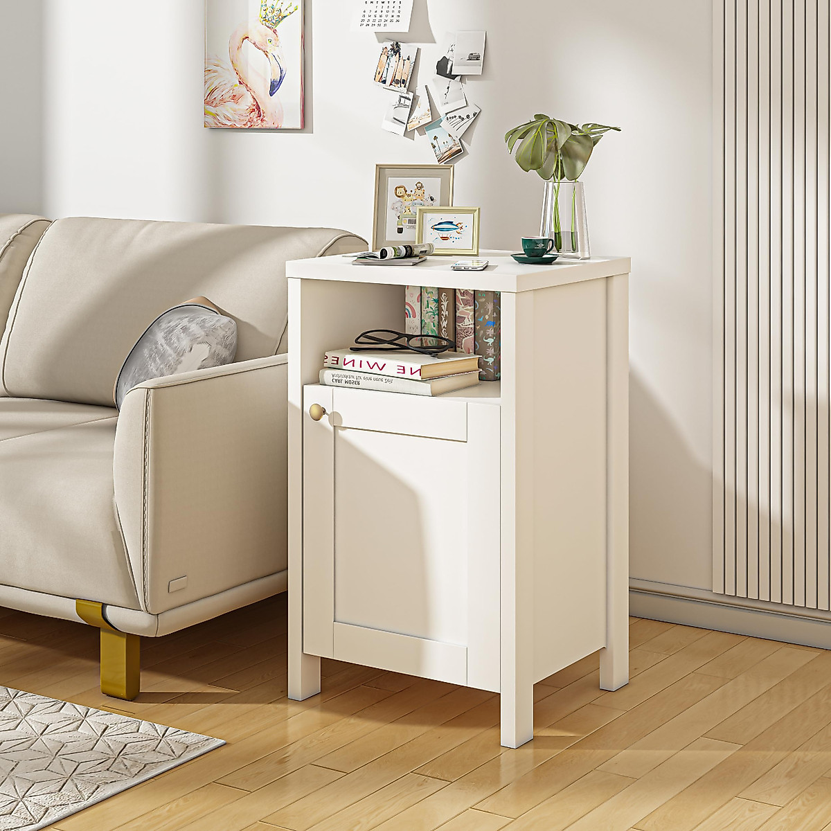 furtble Nightstands Set of 2, Modern Bedside Table, Sofa End Table with Storage Shelf, Narrow Nightstand, Wooden Bedside Furniture for Bedroom, White