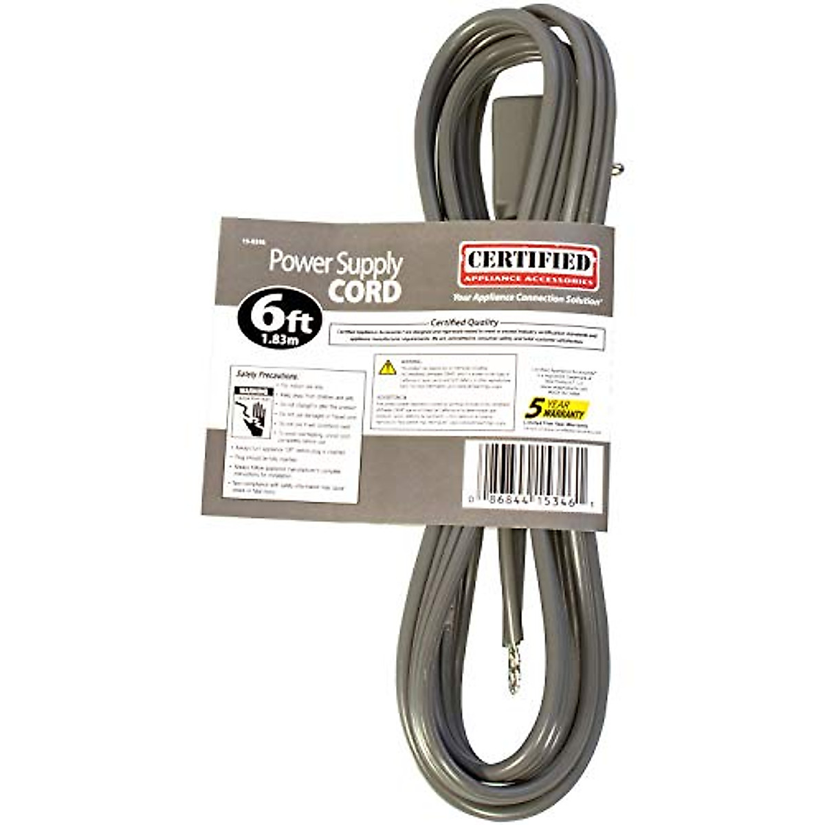 Certified Appliance Accessories 15-0346 15-Amp Appliance Power Cord, 6 Feet, 3 Wires, Grounded, Right Angle Plug Head, Gray