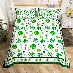 Manfei St. Patrick's Day Duvet Cover Set Queen Size, Lucky Clovers Comforter Cover with 2 Pillowcases, Green Shamrocks Bedding Set 3pcs for Kids Boys Girls Bedroom Decor Lightweight Bedspread Cover