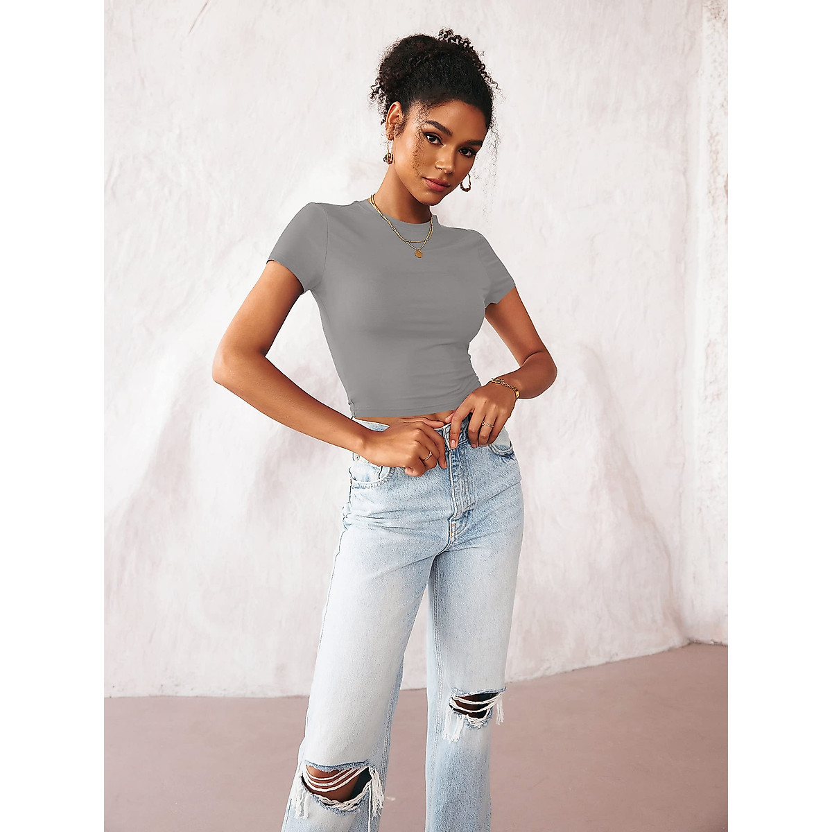 TECREW Women Cute Short Sleeve Round Neck Stretchy Athletic Gym T Shirts Crop Tops Tees, Grey, Medium