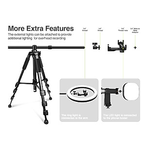 Elitehood Newest Ultra-Stable Overhead Tripod for iPhone – Heavy Duty Aluminum Tripod & 25in Horizontal Long Phone Arm, Tall Phone Stand Mount for Recording, 360°Adjustable iPhone Tripod Stand