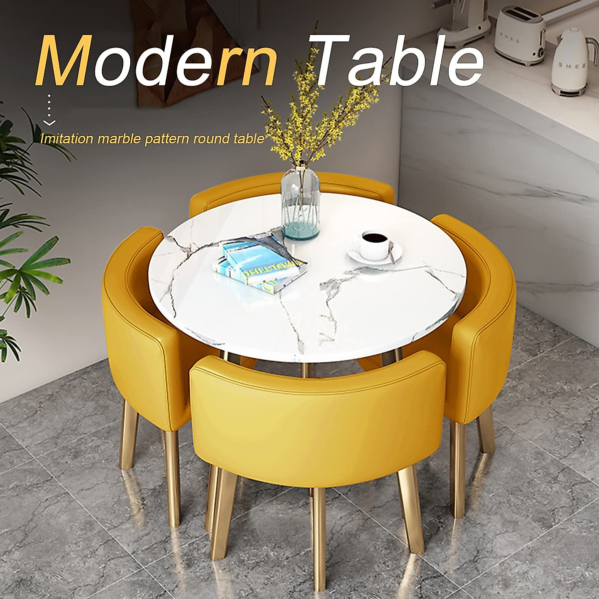 Small Conference Room Negotiation Table Sets,marble Round Table and PU backrest Chair Sets5-Piece,Office Reception Round Table and lounge chair Set,Coffee Table and Chair Set,for Family Apartment