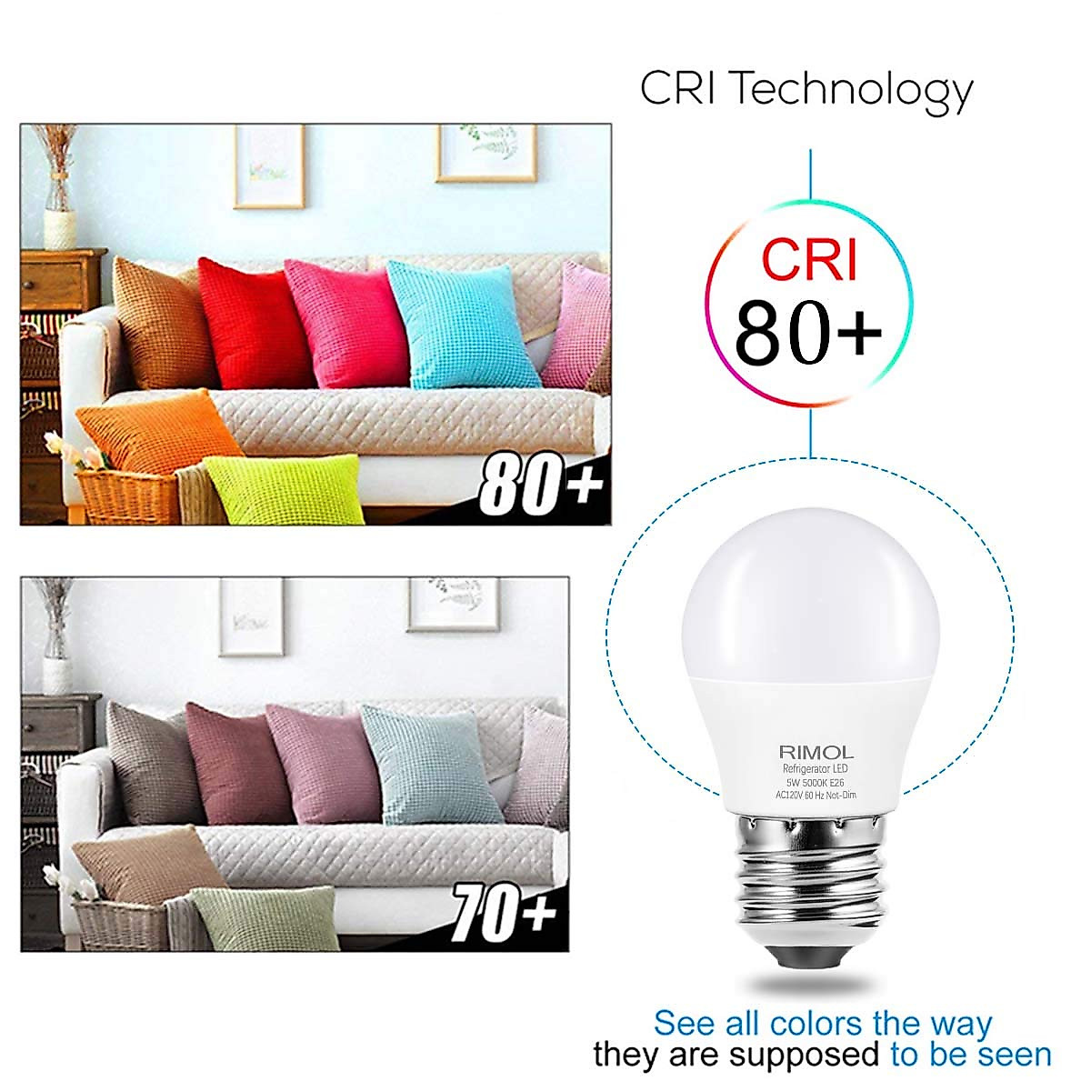 RIMOL Refrigerator Light Bulb, 40W Equivalent 120V A15 LED Fridge Bulbs 5 Watt Daylight White 5000K E26 Medium Base, Energy Saving Freezer Ceiling Home Lighting, Not-Dim, Waterproof, 2 Pack