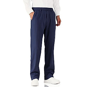 Soojun Men's Relaxed Fit Elastic Waist Drawstring Cotton Linen Pants, Navy, 30W x 32L