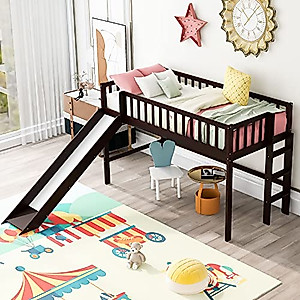 Twin Loft Bed with Slide Rails Frame Wood for Junior Kids Slat Support, No Box Spring Needed