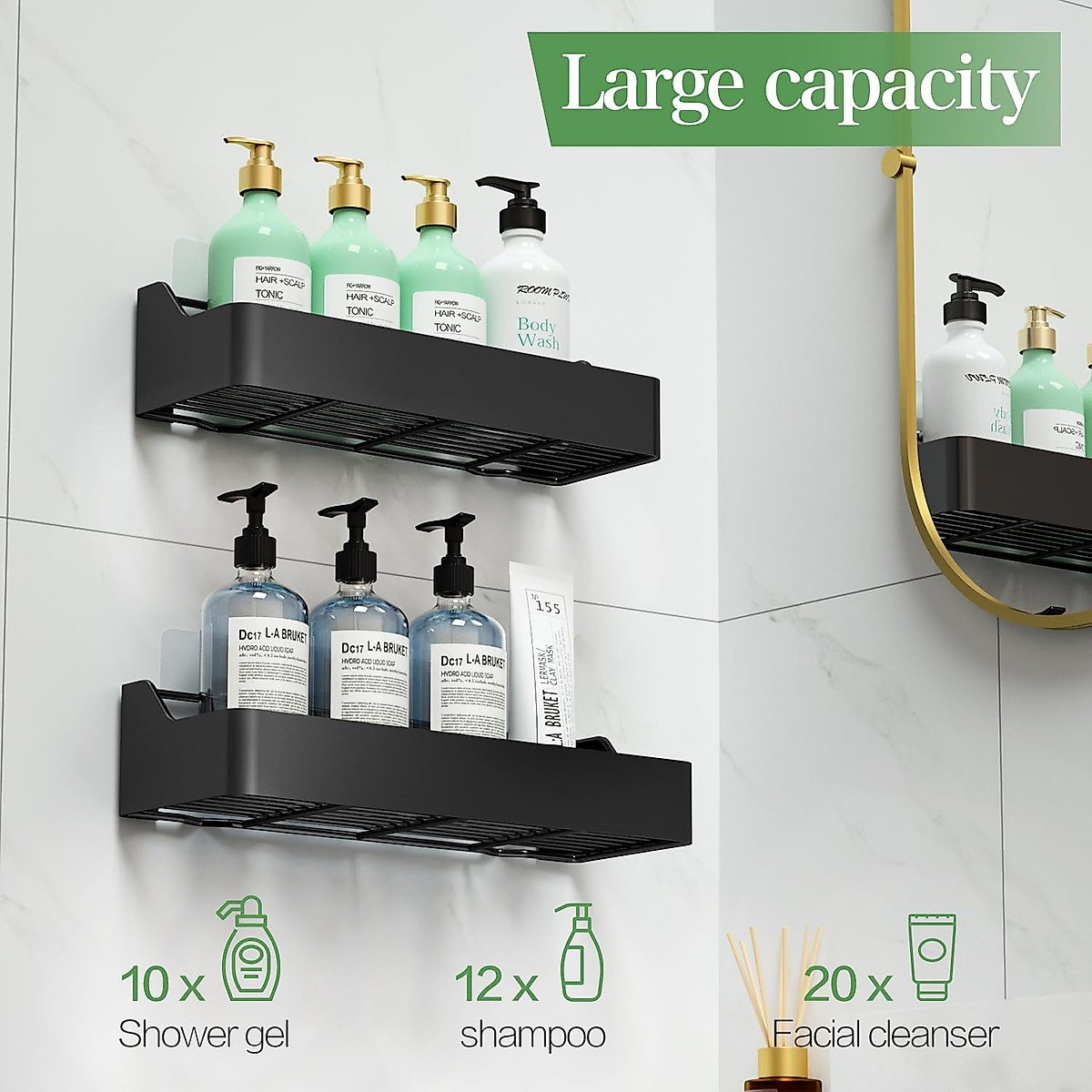 KAPENS Shower Caddy 2-Pack, Adhesive Shower Organizer, No Drilling, Rustproof Stainless Steel Bathroom Shower Shelves with Large Capacity, Shower Shelf for Inside Shower, Black