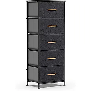 WAYTRIM Dresser Storage Tower, 5 Fabric Organizer Drawers, Wide Chest of Drawers for Closet Boys & Girls Bedroom, Bedside Furniture, Steel Frame, Wood Top, Fabric Bins, Easy Installation (Dark Grey)