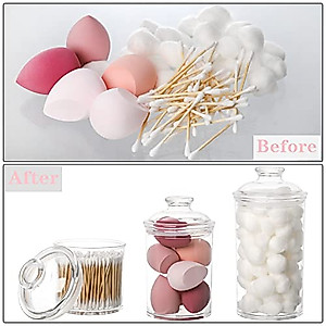 Lyellfe Set of 3 Acrylic Apothecary Jars, Vanity Organizer Canister with Airtight Lids, Bathroom Qtip Holder, Clear Storage Jar for Candy, Bath Salt, Cotton Ball, Cotton Swab, 34 oz, 25 oz, 17 oz