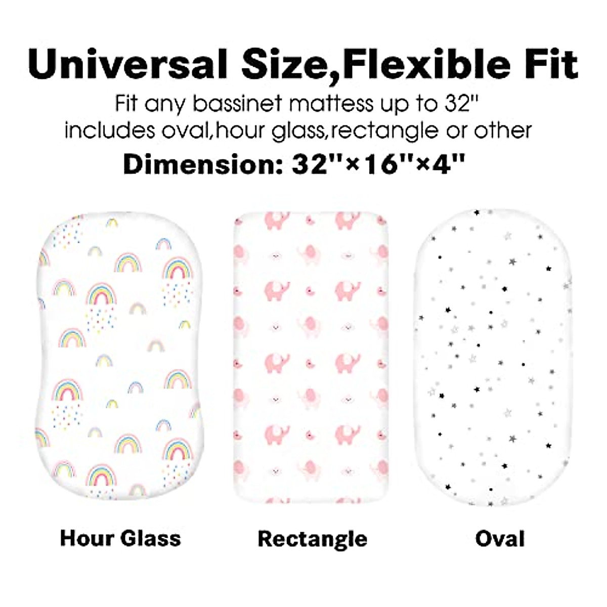 Plushii Bassinet Sheets for Baby Girls 3 Pack, 32"x 16" Extra Soft Microfiber Bassinet Sheet Universal for Oval Rectangle and Hourglass Bassinet Mattress, Rainbow & Pink Elephant & Stars