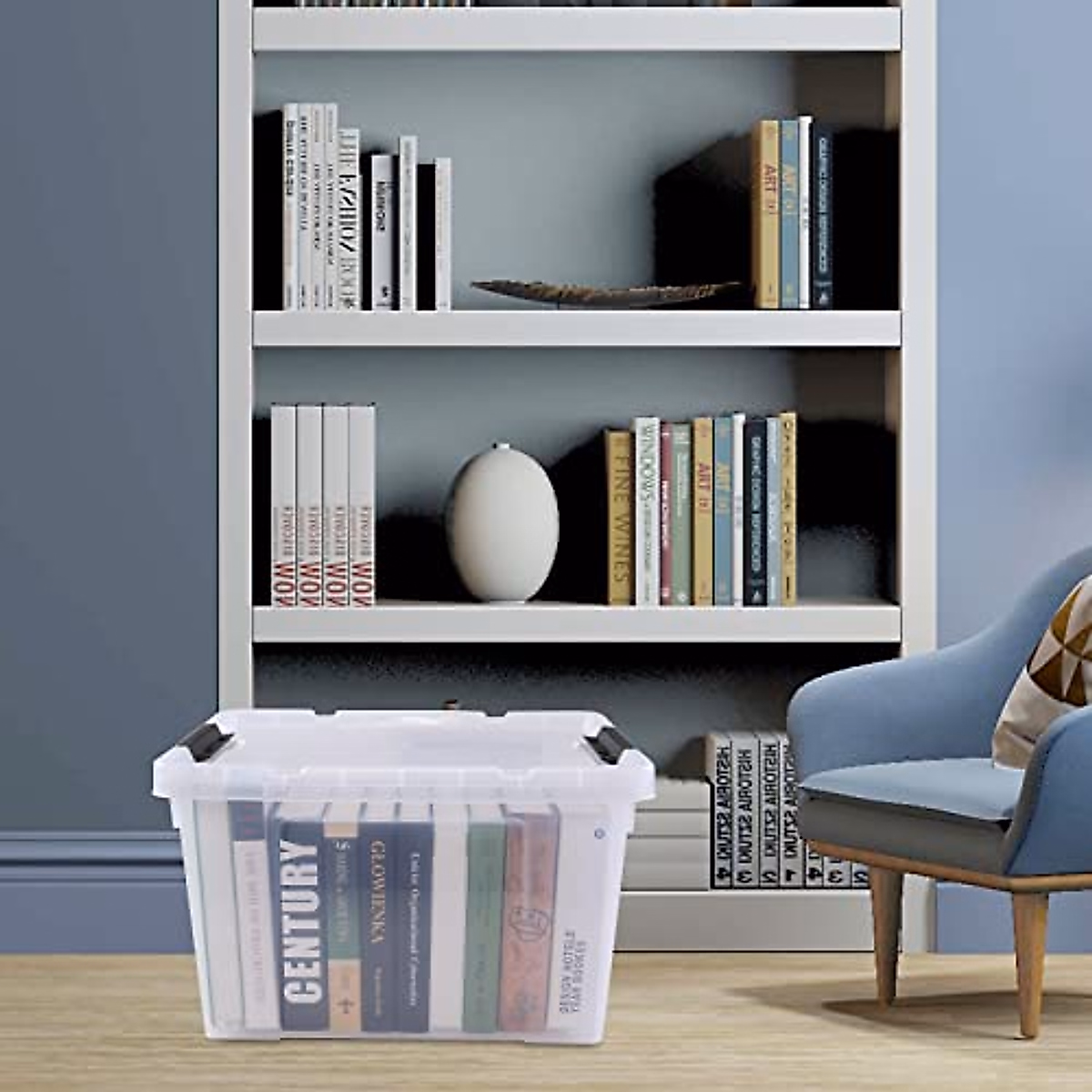 Sandmovie 40 Quart Clear Large Plastic Storage Bin, Latching Storage Box with Lids and Wheels, Pack of 4