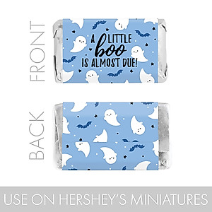 Blue A Little Boo is Almost Due Boy Baby Shower Wrappers for Mini Chocolate Bars, Halloween Baby Shower Party Favor Candy Stickers - 45 Count