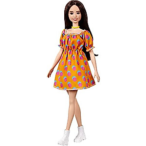 Barbie Fashionistas Doll #160 with Long Brunette Hair Wearing Patterned Orange Dress, White Shoes & Yellow Choker, Toy for Kids 3 to 8 Years Old