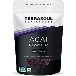 Terrasoul Superfoods Organic Acai Berry Powder, 4 Oz, Freeze-Dried for Freshness, Omega Fats Boost for Smoothie Bowls, and Antioxidant-Packed Superfoods Recipes