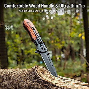 KEXMO Pocket Knife for Men - 3.46" Sharp Blade Wood Handle Pocket Folding Knives with Clip, Glass Breaker - EDC Knives for Survival Camping Fishing Hiking Hunting Gift Women, Black