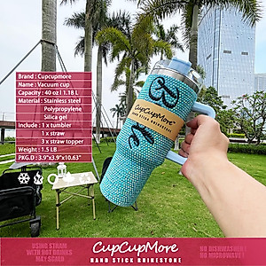 Cupcupmore 40oz Print Bling Rhinestone Stainless Steel Sippy Tumbler Glitter Vacuum Insulated Water Bottle with Straw & Lid &Handle,Thermos for Hot & Cold Drinks,Car Cup Holder (Bride Blue, 40 oz)