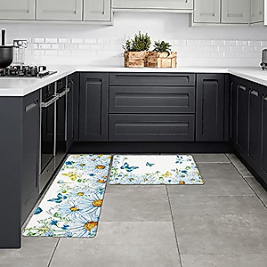 2 Pieces Kitchen Rugs Set Pastoral Butterfly Dragonfly Daisy Flower,Water Absorbent Soft Doormat Anti Fatigue Mat Blue Gradient Art,Non-Slip Rug Cushion Standing Mats for Bathroom Bedroom Entryway