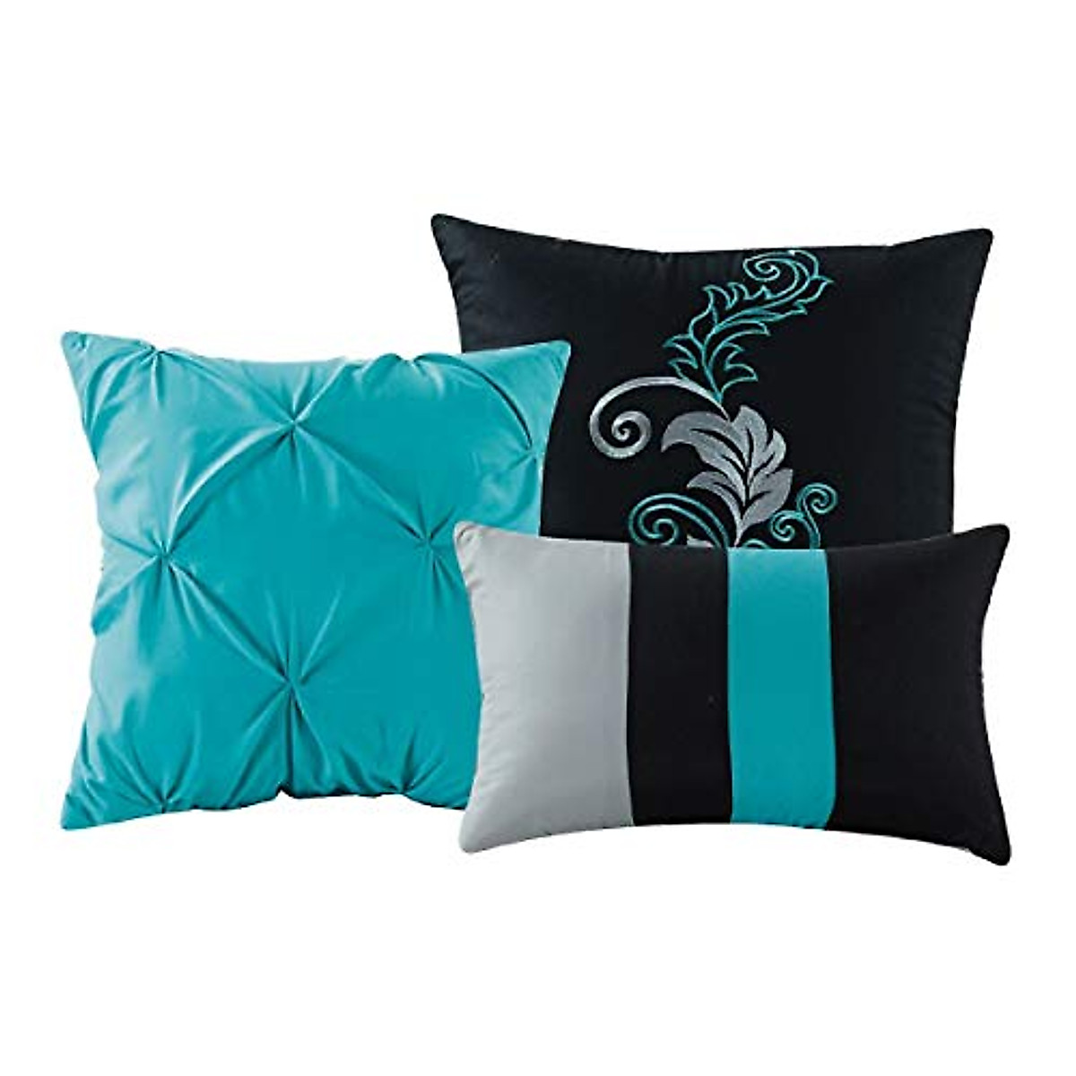 Chezmoi Collection Napa 7-Piece Luxury Leaves Scroll Embroidery Bedding Comforter Set (Queen, Teal Blue/Gray/Black)