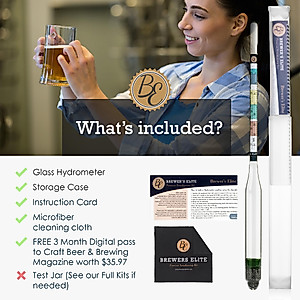 Brewer's Elite Hydrometer - for Home Brew Beer, Wine, Mead and Kombucha - Deluxe Triple Scale Set, Hardcase and Cloth - Specific Gravity ABV Tester