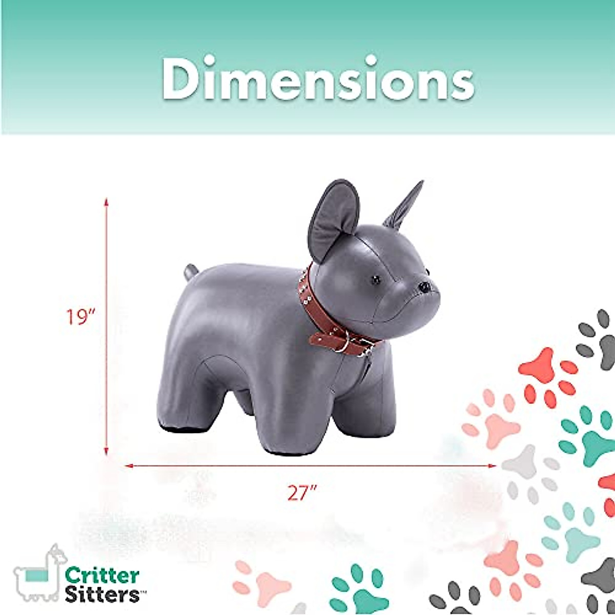 CRITTER SITTERS 15-in. Seat Height Faux Leather Gray Dog Animal Shape Ottoman - Furniture for Nursery, Bedroom, Playroom, and Living Room Decor