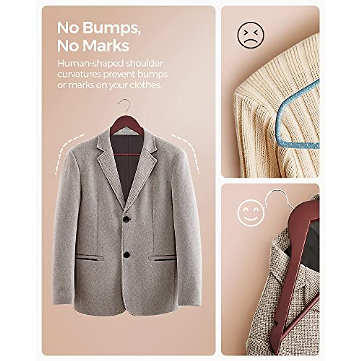 SONGMICS Rubber Coated Wooden Hangers, 20-Pack Clothes Wood Hangers, Non-Slip Coat Hangers, Rubber Hangers with Shoulder Grooves and 360° Swivel Hook, for Suits Shirts Coats, Cherry UCRW011K02