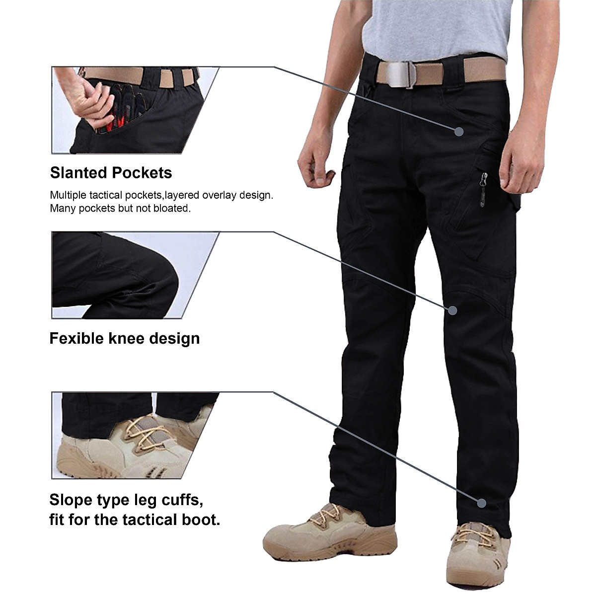 Susclude Men's Tactical Pants Stretch, 9 Pockets Rip Stop Lightweight Cargo Work Military Trousers Outdoor Hiking Pants Black 32Wx32L