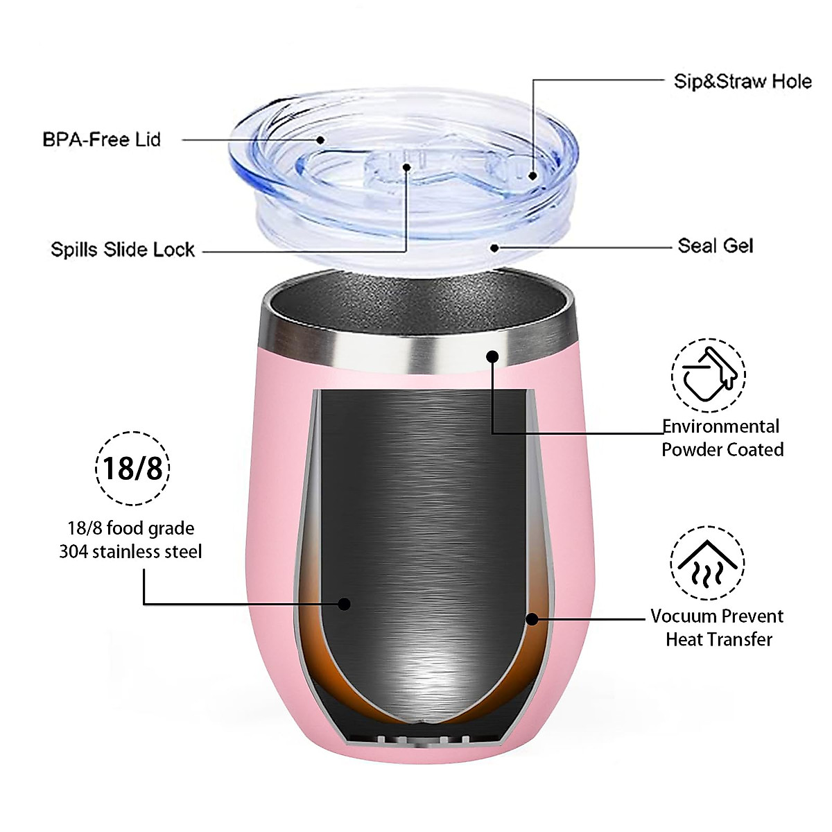 MEZMUT 12oz Insulated Wine Tumbler with Lid Double Wall Vacuum Stainless Steel Wine Glass Coffee Mug Insulated Tumbler Cup for Champaign, Cocktail, Beer (Pink, 1 Pack)