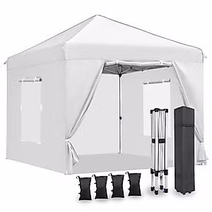 CAJECUS 10'x10' Pop Up Canopy Tent with 4 Sidewalls, Ez Pop Up Outdoor Canopy,Waterproof Commercial Tent with 3 Adjustable Height, Carry Bag,4 Sand Bags,4 Ropes and 8 Stakes(10FTx10FT,White)