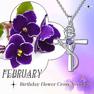 TOUPOP Cross Necklace 925 Sterling Silver February Birth Flower Necklace Religious Pendant with Birthstone Faith Christian Jewelry Birthday Gifts for Women Mom Wife Grandma