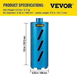 VEVOR Dry Core Drill Bit, 4.25"/108 mm Diameter 5/8"-11 Shank Arbor with a Pilot Bit & 4.5" Blade, 9.5"/241.3mm Depth Diamond Coring Bore Tool, Masonry Hole Saw Bits for Hard Concrete Brick and Block