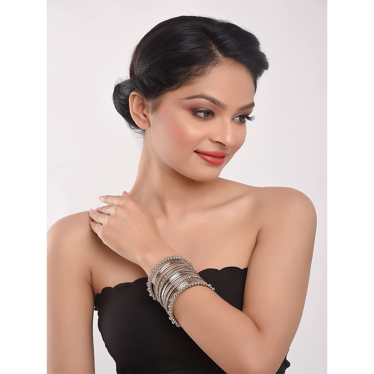 Efulgenz Boho Vintage Antique Ethnic Gypsy Tribal Indian Oxidized Silver Plated Combo Bracelet Bangles Set Jewelry (Silver pack of 2 Sets, 2.4)