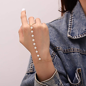 Chicque Boho Hand Chain Gold Pearl Finger Ring Bracelet Beads Hand Jewelry Wedding Finger Bracelet for Women and Girls