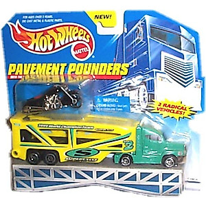 Hot Wheels - Pavement Pounders Transport Rig (Tractor/Trailer) and Black Motorcycle Replicas