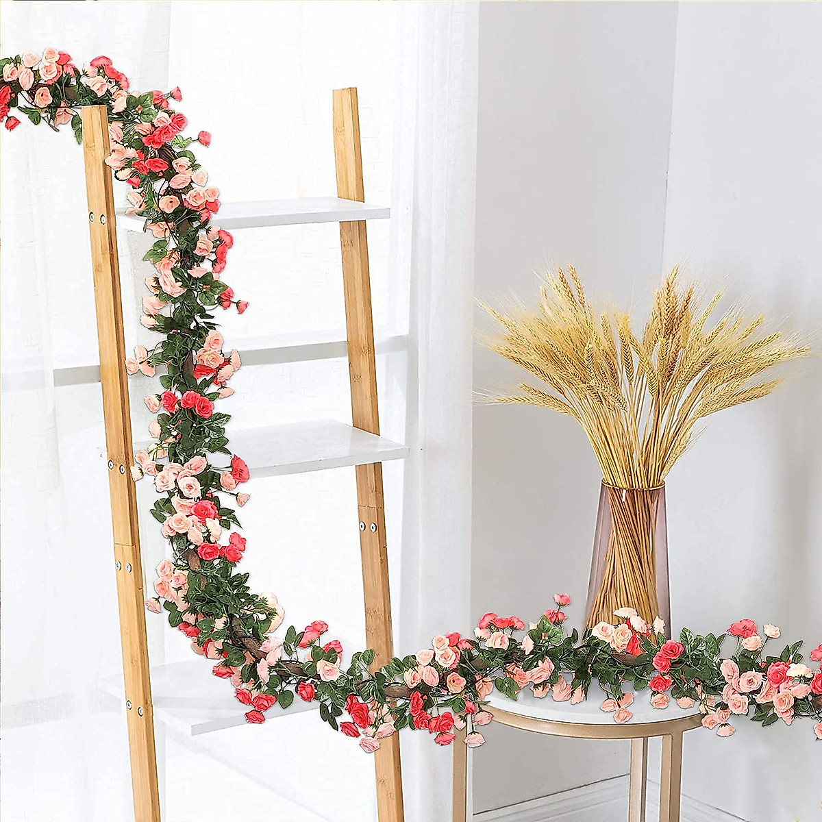 Houele 2 Pack (16FT) Fake Rose Vine Flowers Plants Artificial Rose Vine Flowers for Wedding Home Party Garden Craft Art Decor(Rose Pink)