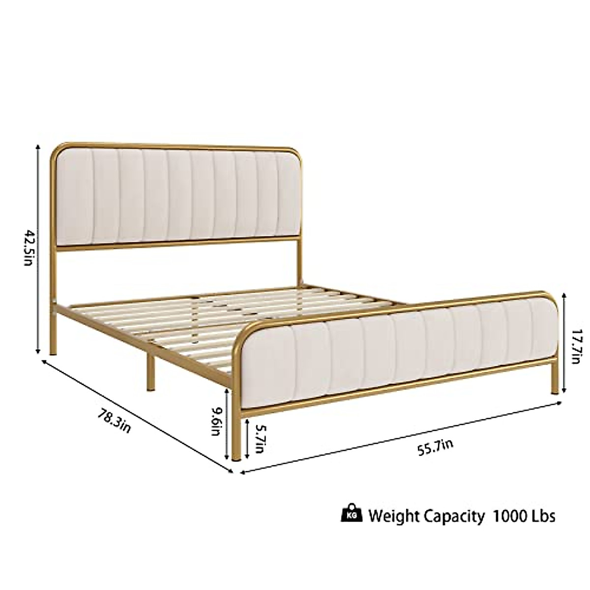 HITHOS Full Size Bed Frame, Upholstered Bed Frame with Button Tufted Headboard, Heavy Duty Metal Mattress Foundation with Wooden Slats, Easy Assembly, No Box Spring Needed (Golden/Off White, Full)