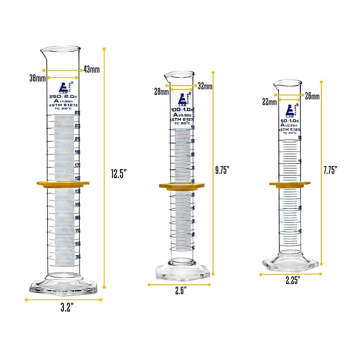 EISCO Premium Graduated Cylinder Set - 50mL, 100mL & 250mL - ASTM, Class A - Protective Collars, Hexagonal Base - Blue Graduations - Borosilicate 3.3 Glass