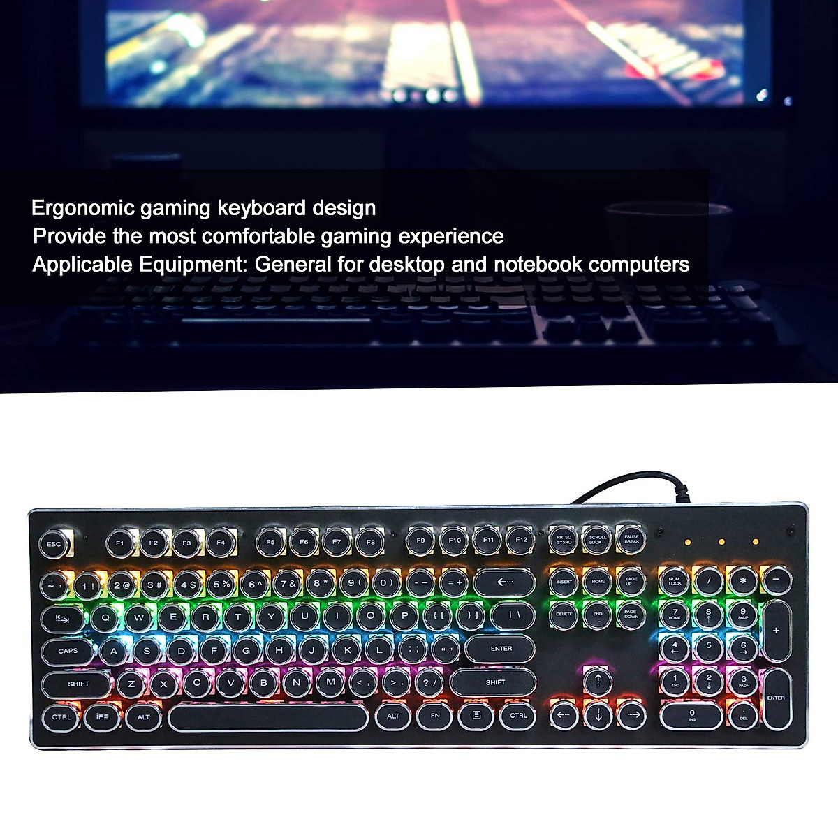 Junlucki Mechanical Gaming Keyboard, 104 Keys Retro Wired Ergonomic Round Key Keyboard Illuminated Click with Mixed Light Tenkeyless for DesktopLaptopComputers(Black)