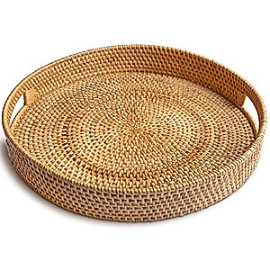 HITOMEN Hand-Woven Round Rattan Serving Tray Decorative Wicker Trays with Handles for Coffee Table
