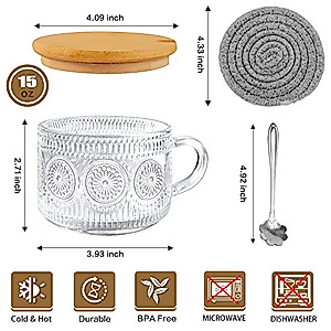 Driony Vintage Coffee Glass Mugs Set of 4, Glass Coffee Tea Cups with Bamboo Lids, Coaster and Spoons,15oz Clear Embossed Drinking Glass Cups,Tea Cups