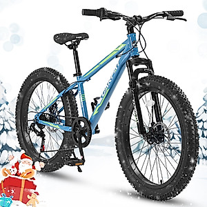 Ecarpat Mountain Bike 24 Inch Wheels, Christmas New Year Gifts 3-Inch Wide Fat Tire Snow Mountain Bikes, 7 Speed for Men Women Bicycles, Steel Frame Disc Brake Front Suspension