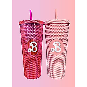 CAKEASY 2Pcs Barbi Studded Tumbler, Bling Bling Pink Barbi Cup, 24oz Barbi Land Water Bottle With Straw, Barbe The Movie Merch, Cupholder Friendly, Women Men Travel Mug for Home, Office, Outdoor