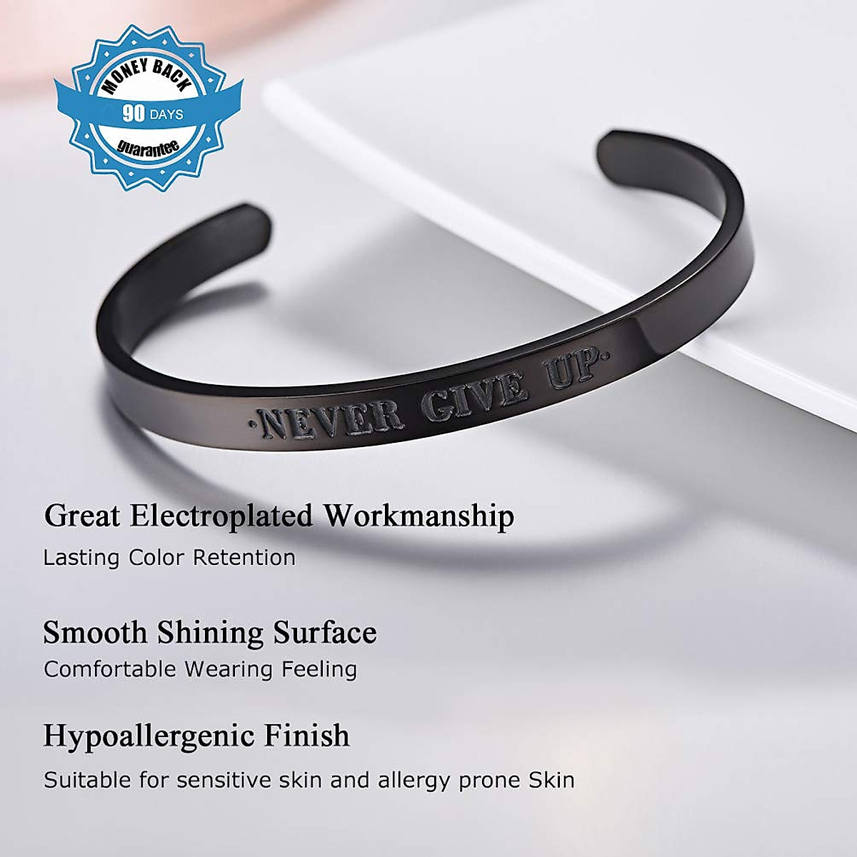 PROSTEEL Never Give Up Black Bracelet Cuff Mens Inspirational Bracelets For Women Stainless Steel Cuff Bracelet Men