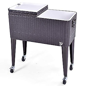 Safstar Outdoor Cooling Bin, 80 Quart Rattan Patio Beverage Chest with Lockable Wheels and Bottle Opener, Rolling Cooler Cart for Backyard Garden Pool Party