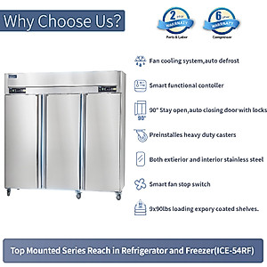 ICECASA 72" W Commercial Refrigerators and Freezer Combo Reach-in 54 Cu.ft 3 Solid Door Stainless Steel Refrigerators and Freezer Combo Fan Cooling for Restuarant, Bar, Shop, etc