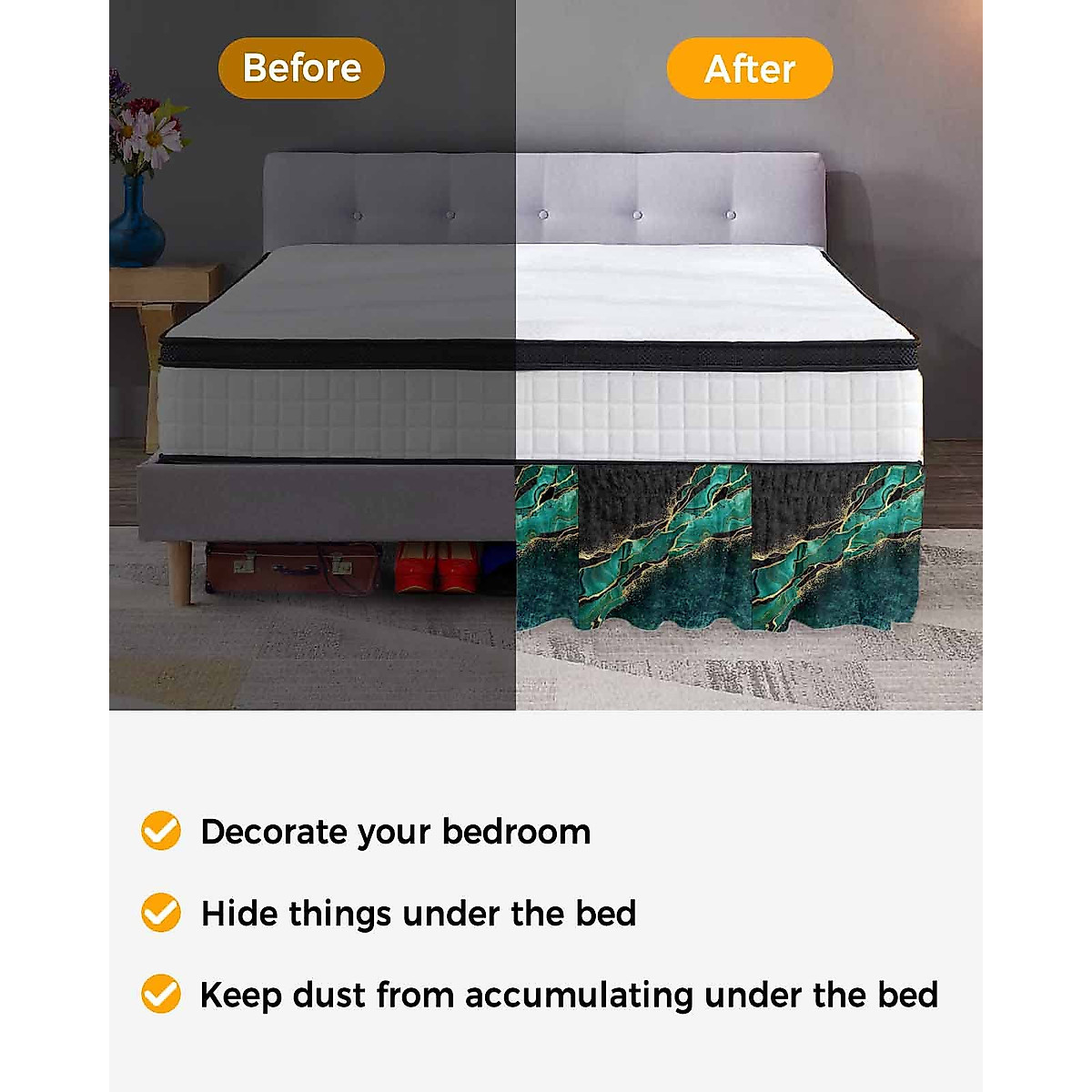 Abstract Black Marble Bed Skirt Queen Size 18 Inch Drop, Adjustable & Elastic Wrap Around Bed Skirts Pleated Luxury Dust Ruffles for Twin Full Queen Cal King Base Bed, Modern Minimalist Emerald Green